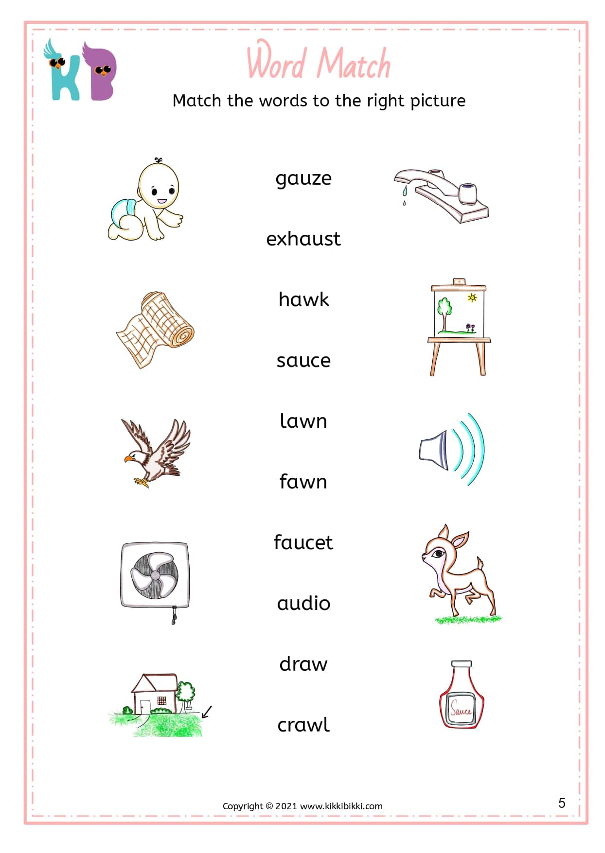 AU and AW Sounds: Free Word Match Worksheets