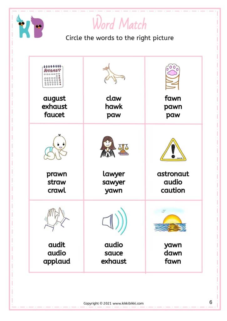 AU and AW Sounds: Free Word Match Worksheets