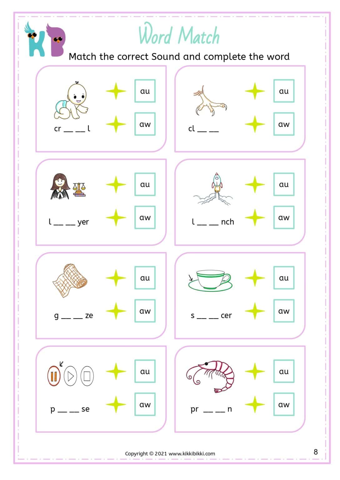 AU and AW Sounds: Free Word Match Worksheets