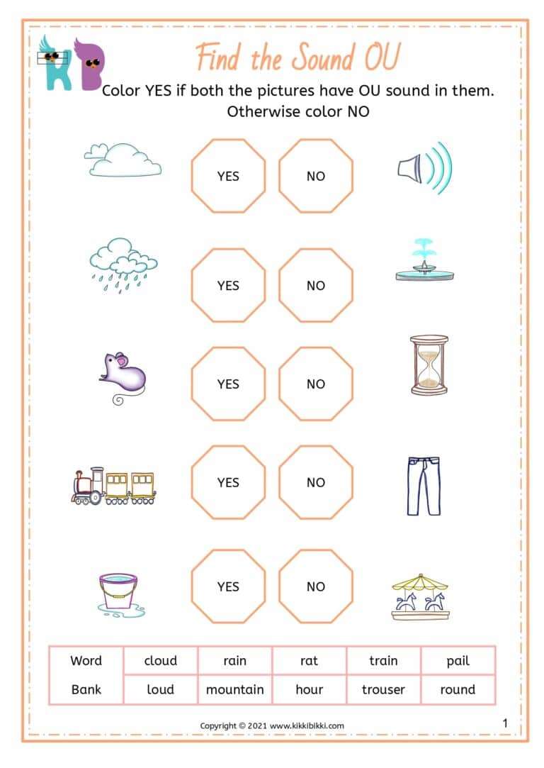 Introduction to 'OU' Sound - Find the Sound Worksheets for Kids