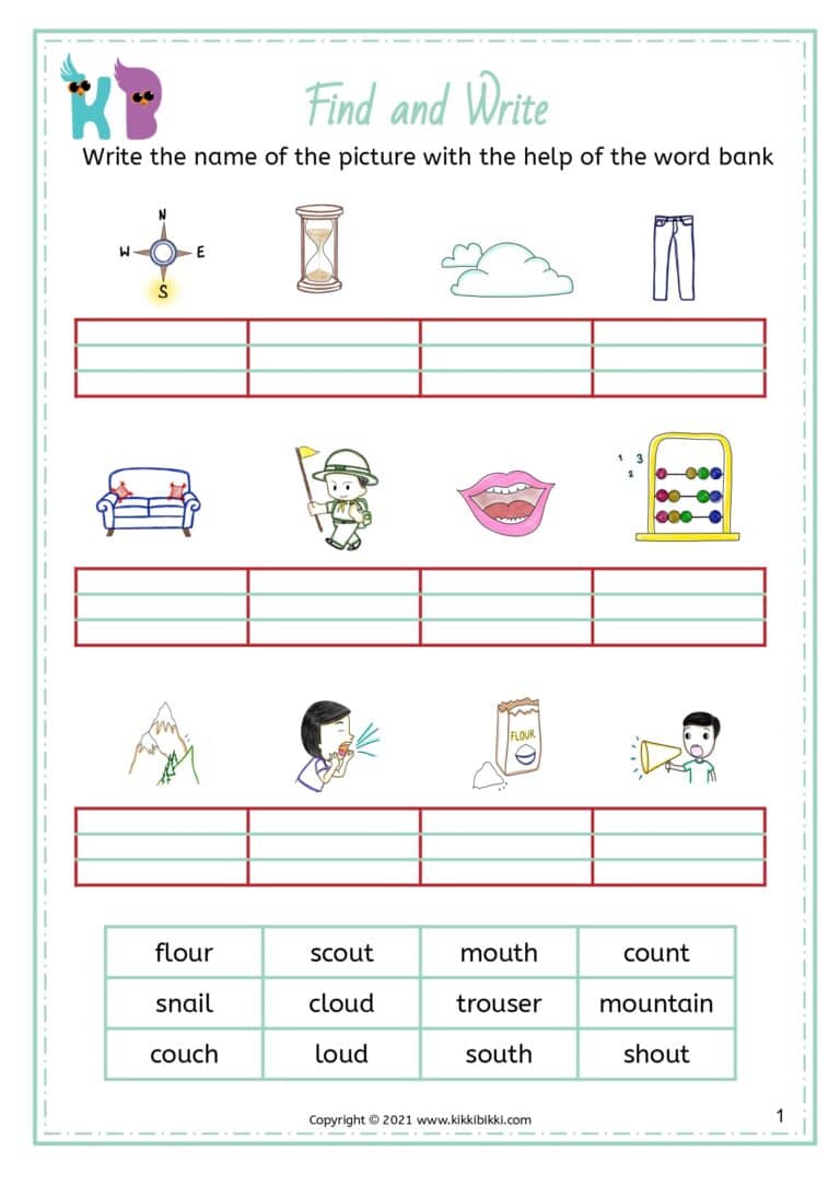 Introduction to 'OU' Sound - Find and Write Worksheets
