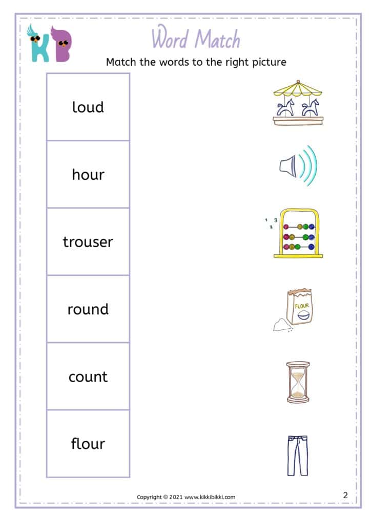 Exploring Vowel Diphthongs: OU Sound Word Match Worksheets