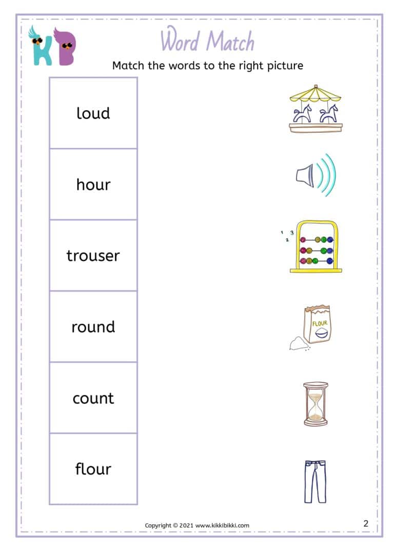 Exploring Vowel Diphthongs: OU Sound Word Match Worksheets