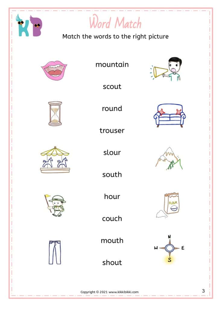 Exploring Vowel Diphthongs: OU Sound Word Match Worksheets
