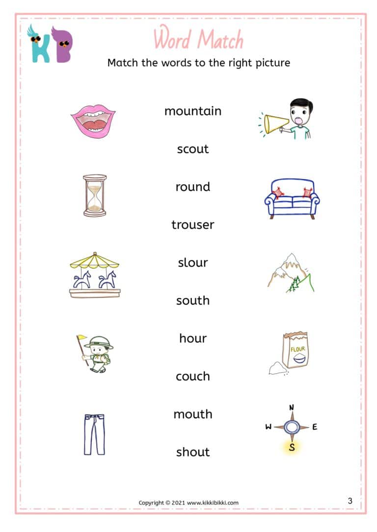 Exploring Vowel Diphthongs: OU Sound Word Match Worksheets