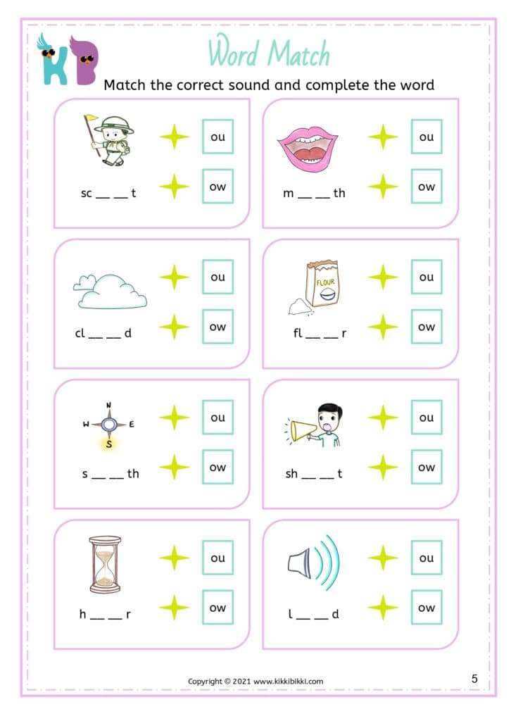 Exploring Vowel Diphthongs: OU Sound Word Match Worksheets