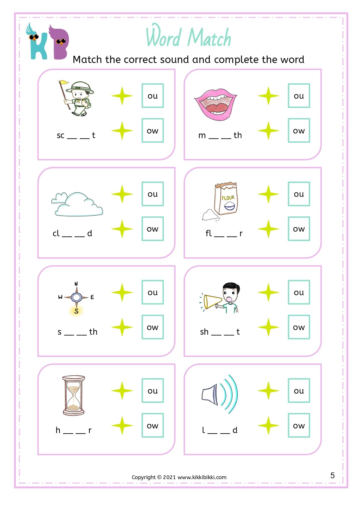 Exploring Vowel Diphthongs: OU Sound Word Match Worksheets