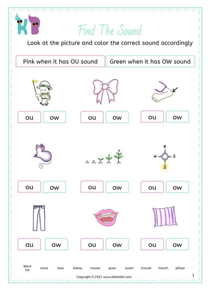 Find the Sound Worksheets for 'ou' and 'ow' Words"