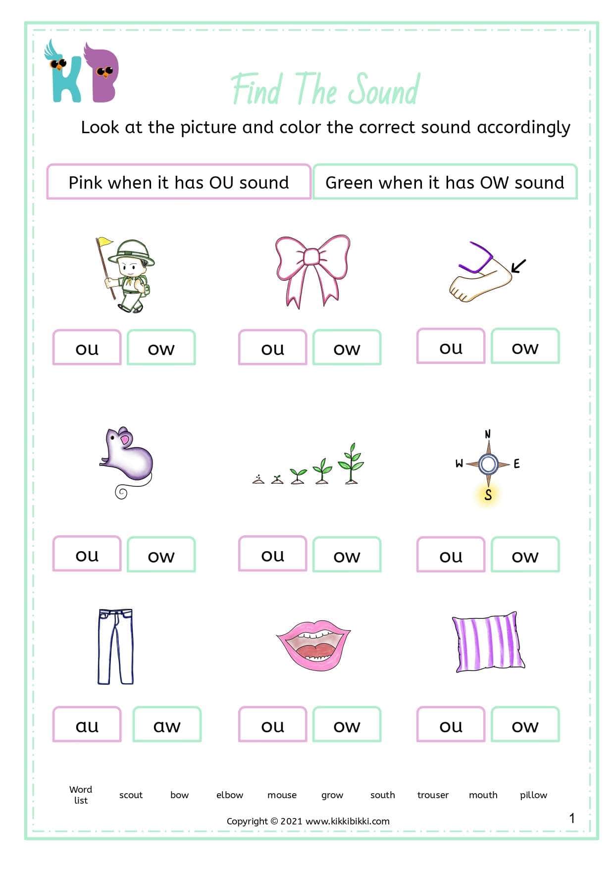 Find the Sound Worksheets for 'ou' and 'ow' Words"