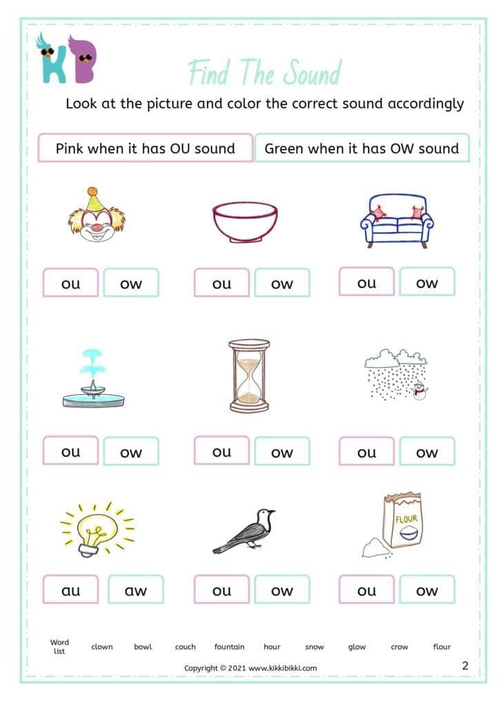 Find the Sound Worksheets for 'ou' and 'ow' Words"