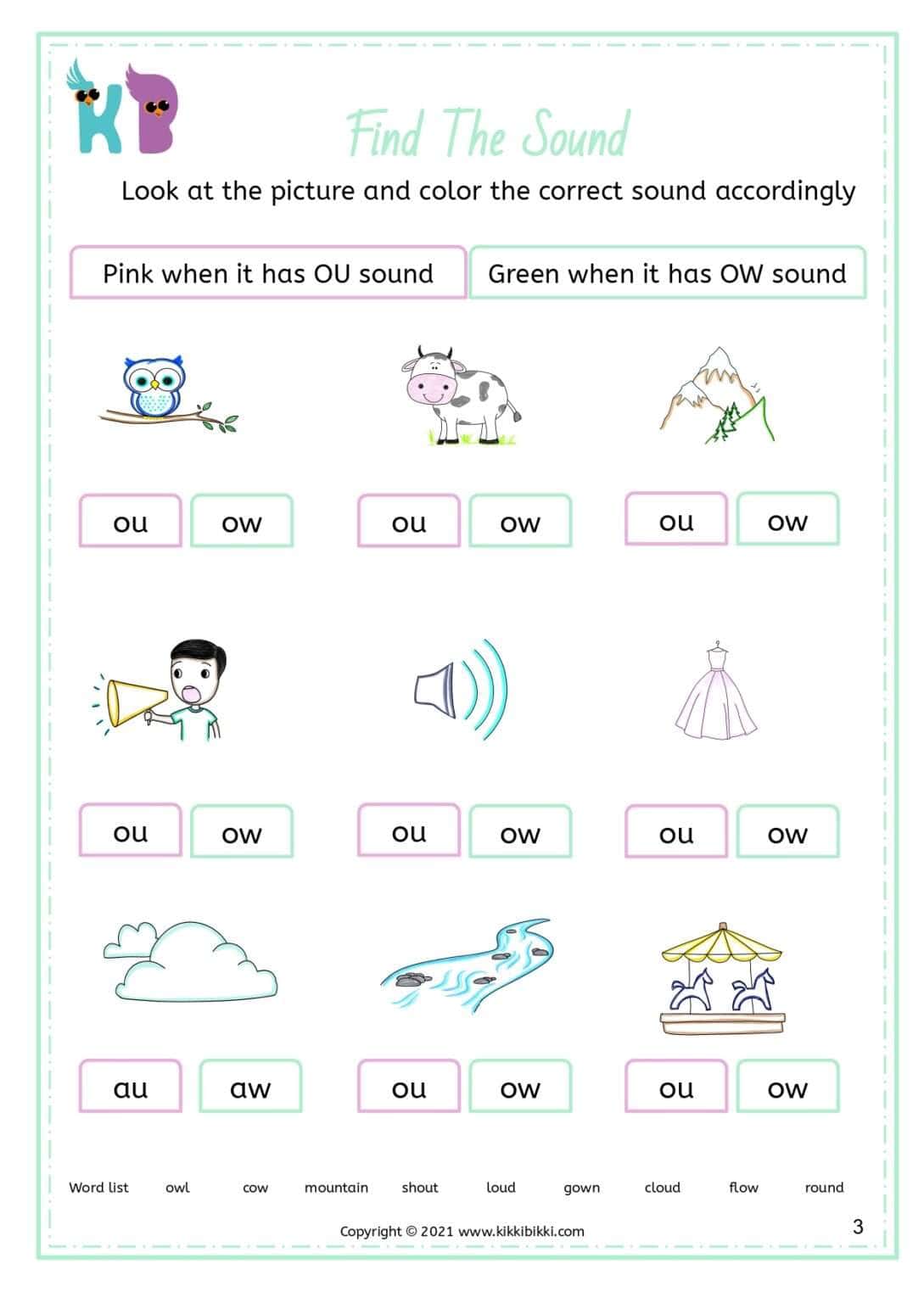 Find the Sound Worksheets for 'ou' and 'ow' Words"