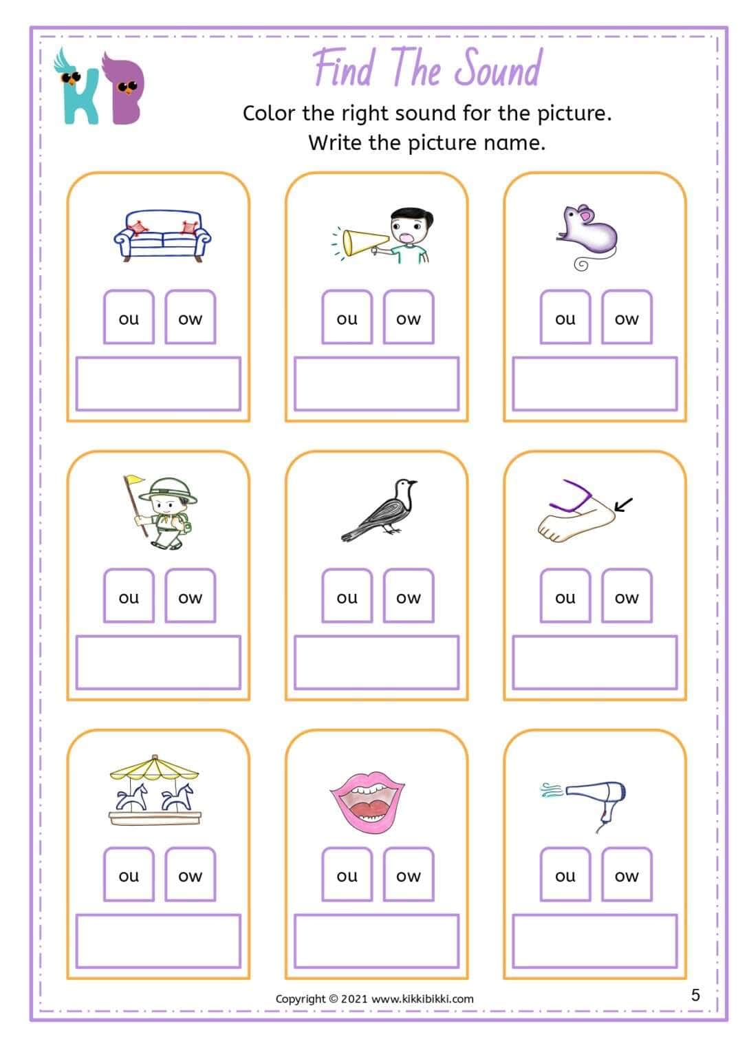 Find the Sound Worksheets for 'ou' and 'ow' Words"