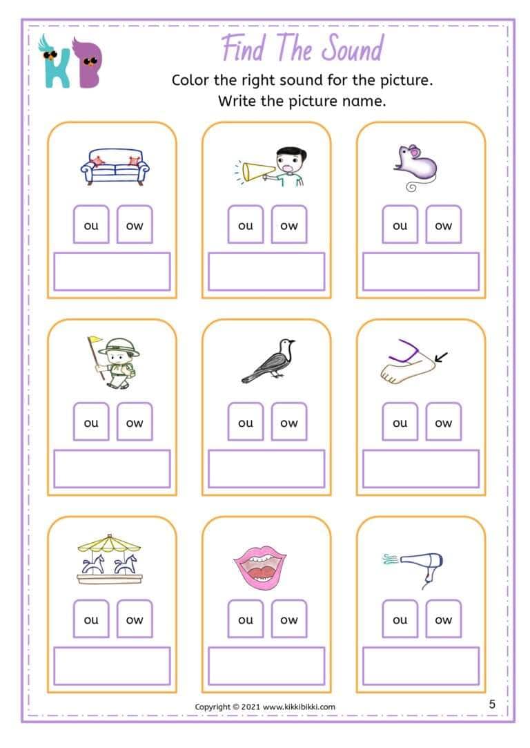 Find the Sound Worksheets for 'ou' and 'ow' Words"
