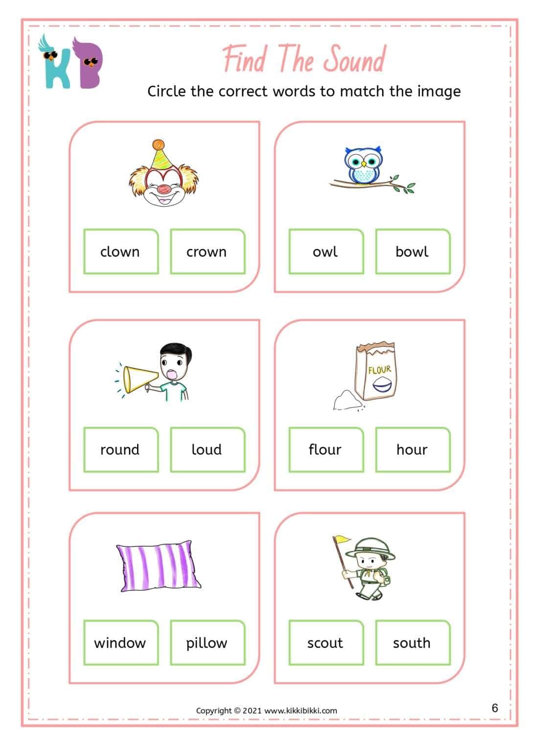 Find the Sound Worksheets for 'ou' and 'ow' Words"