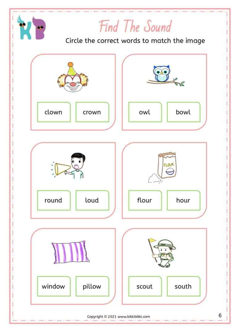 Find the Sound Worksheets for 'ou' and 'ow' Words"