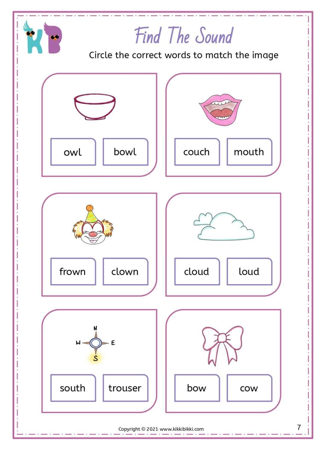Find the Sound Worksheets for 'ou' and 'ow' Words"