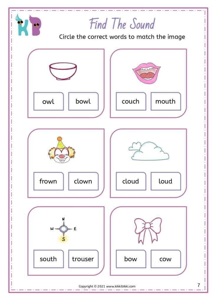 Find the Sound Worksheets for 'ou' and 'ow' Words"