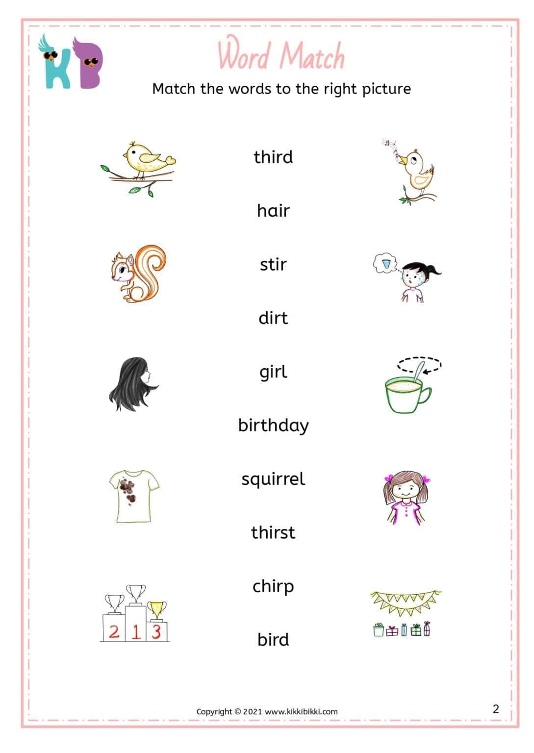 Introduction to 'IR' Sound: Word Match Worksheets