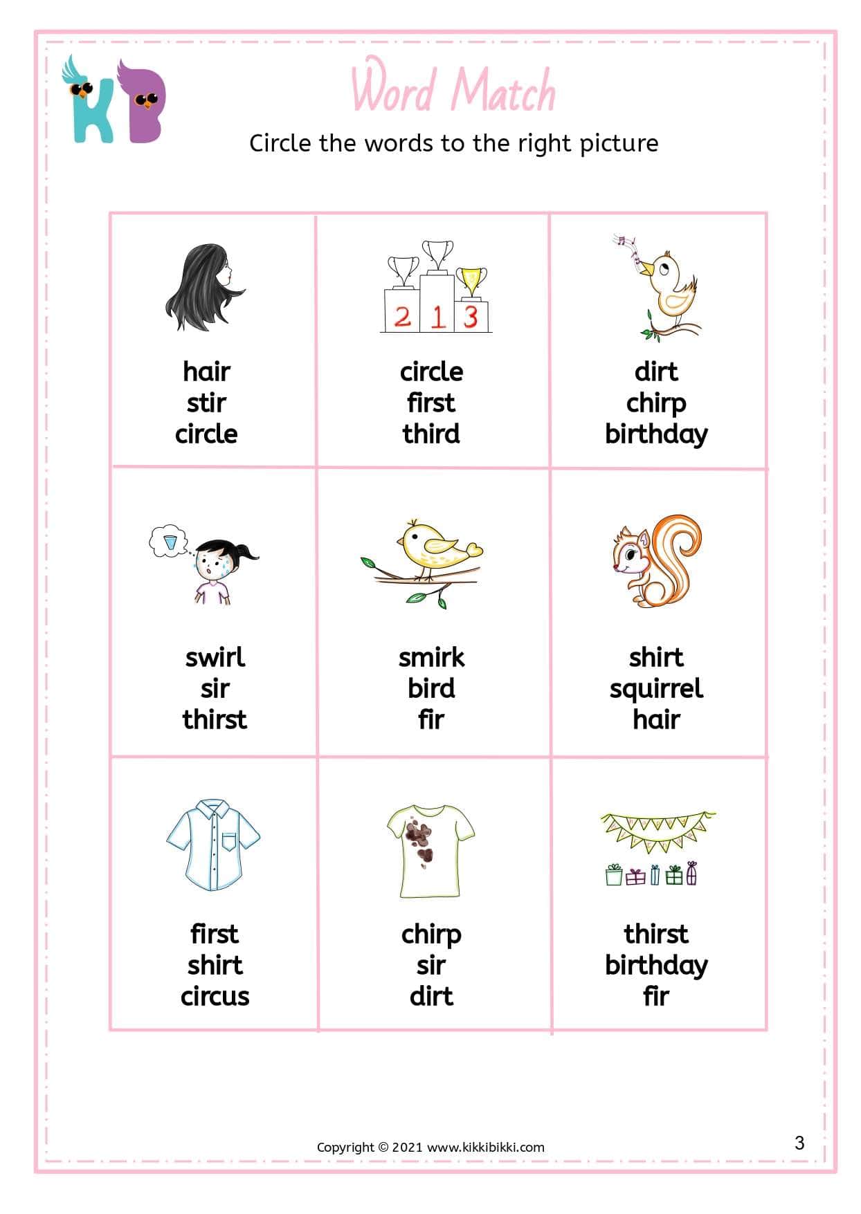 Introduction to 'IR' Sound: Word Match Worksheets