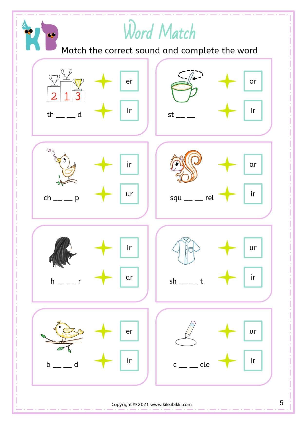 Introduction to 'IR' Sound: Word Match Worksheets