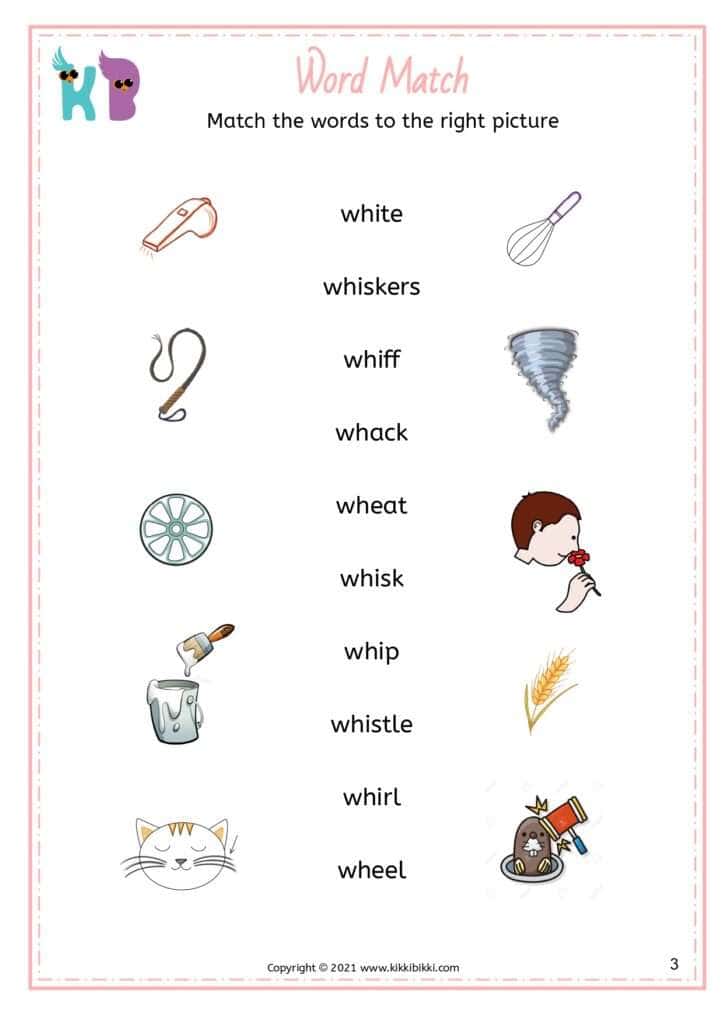 Phonics Adventure: WH Sound Word Match Worksheet