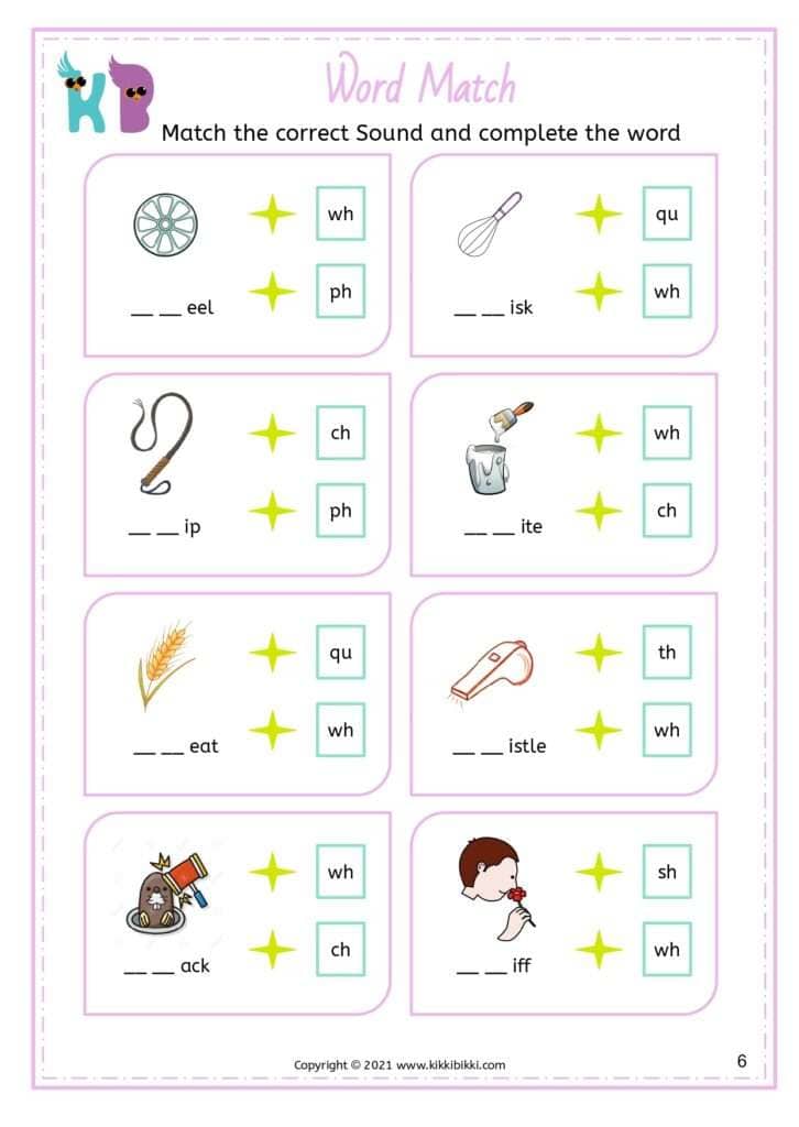 Phonics Adventure: WH Sound Word Match Worksheet