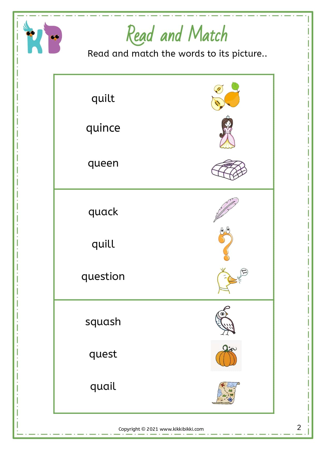 Introduction to 'qu' Sound - Read and Match Sound Worksheets
