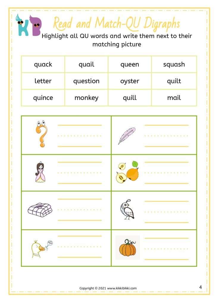 Introduction to 'qu' Sound - Read and Match Sound Worksheets