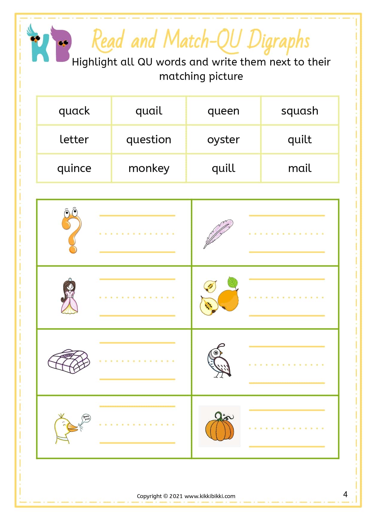 Introduction to 'qu' Sound - Read and Match Sound Worksheets