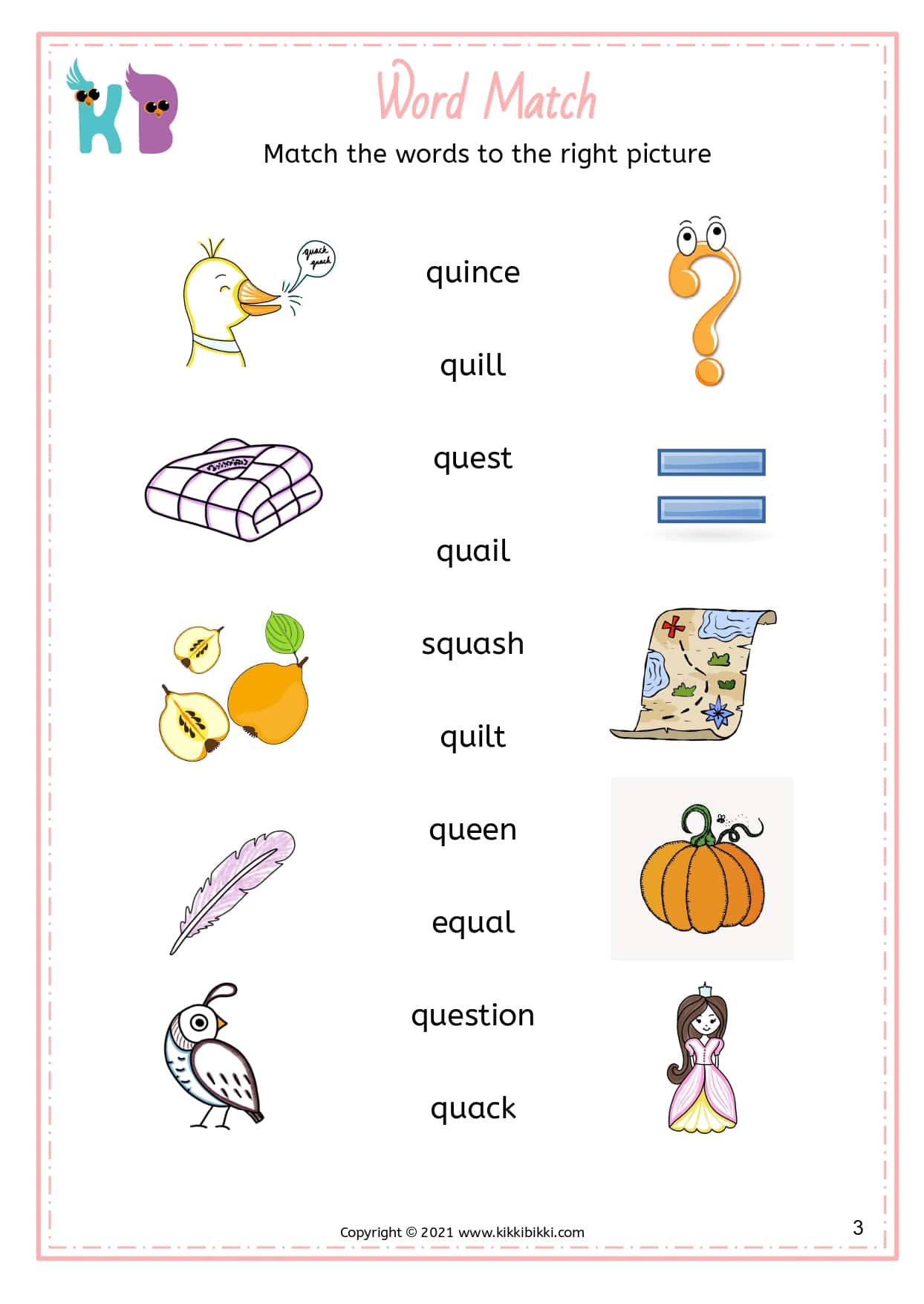 Introduction to 'qu' Sound - Word Match Sound Worksheets