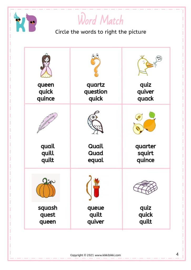 Introduction to 'qu' Sound - Word Match Sound Worksheets