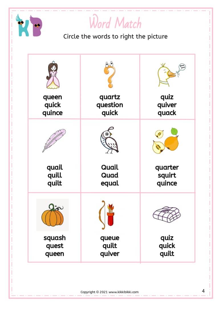 Introduction to 'qu' Sound - Word Match Sound Worksheets