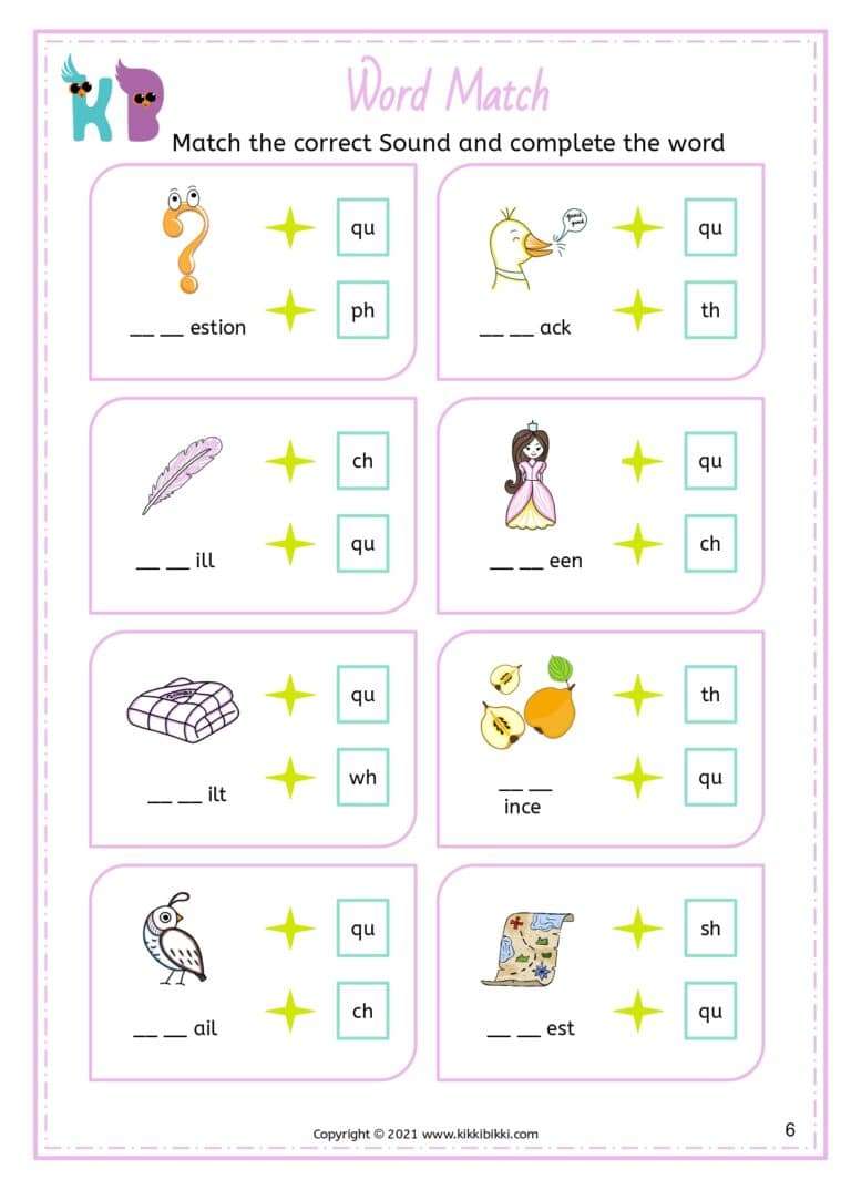 Introduction to 'qu' Sound - Word Match Sound Worksheets