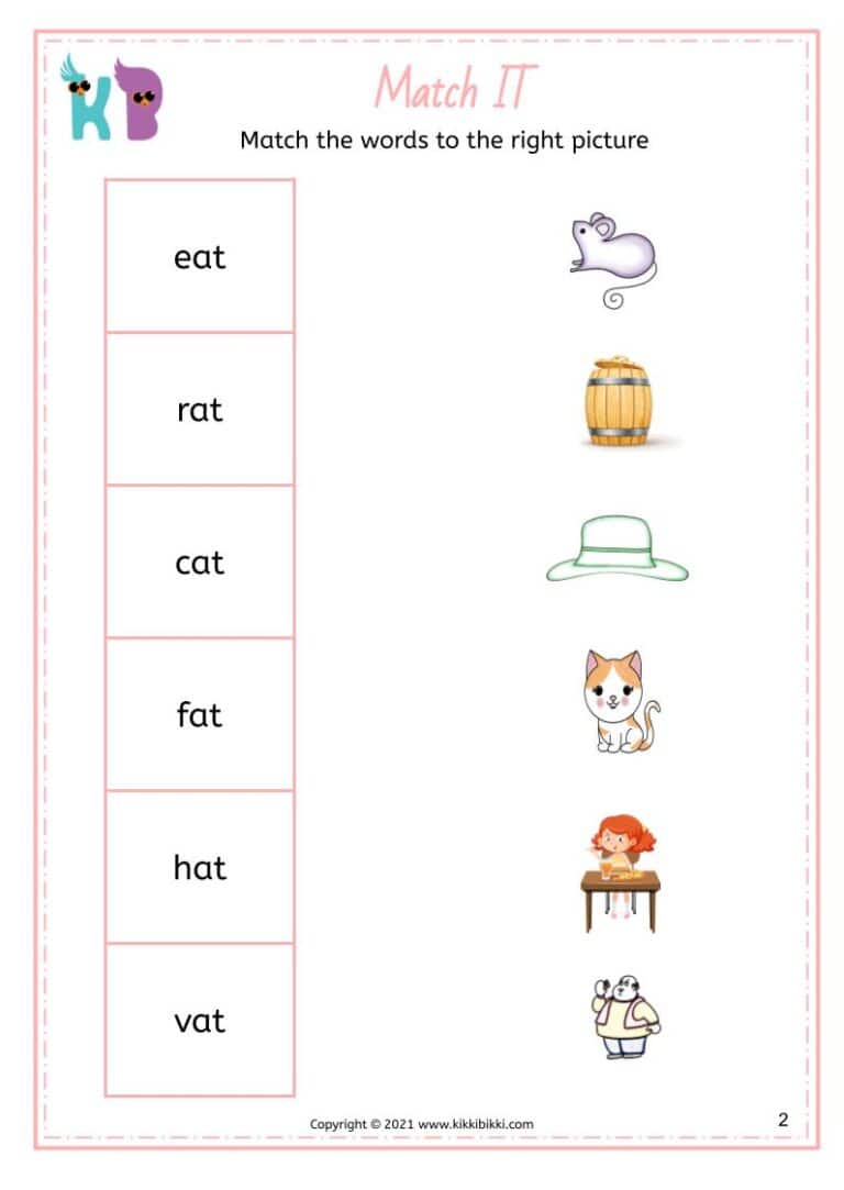 CVC AT Word Family - Match It Worksheets for Kindergarten