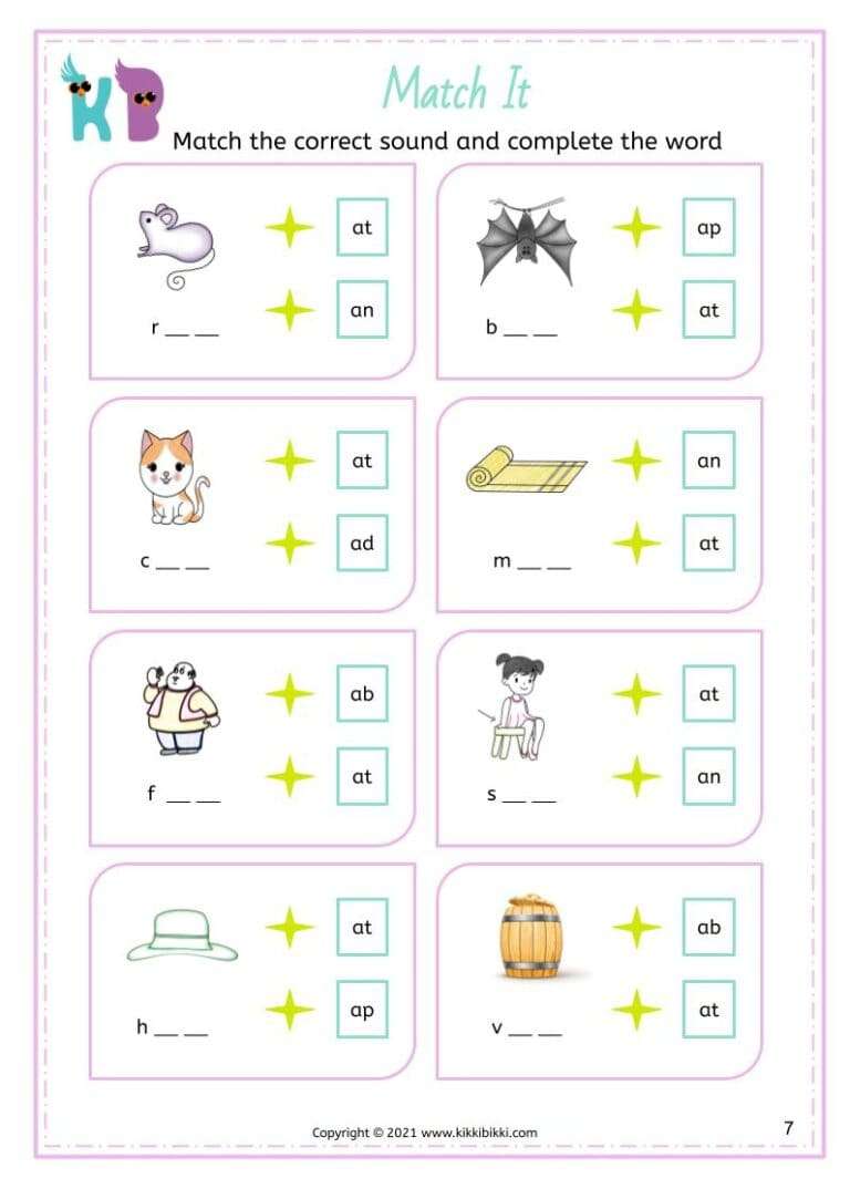 CVC AT Word Family - Match It Worksheets for Kindergarten