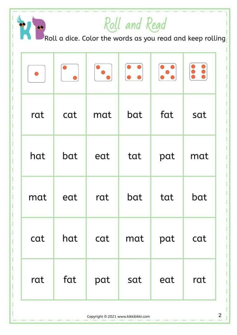 CVC AT Word Family - Roll and Read Worksheets for Kindergarten