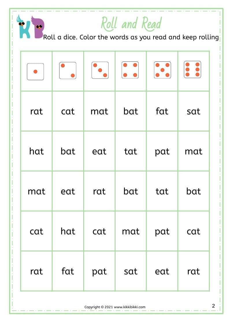 CVC AT Word Family - Roll and Read Worksheets for Kindergarten