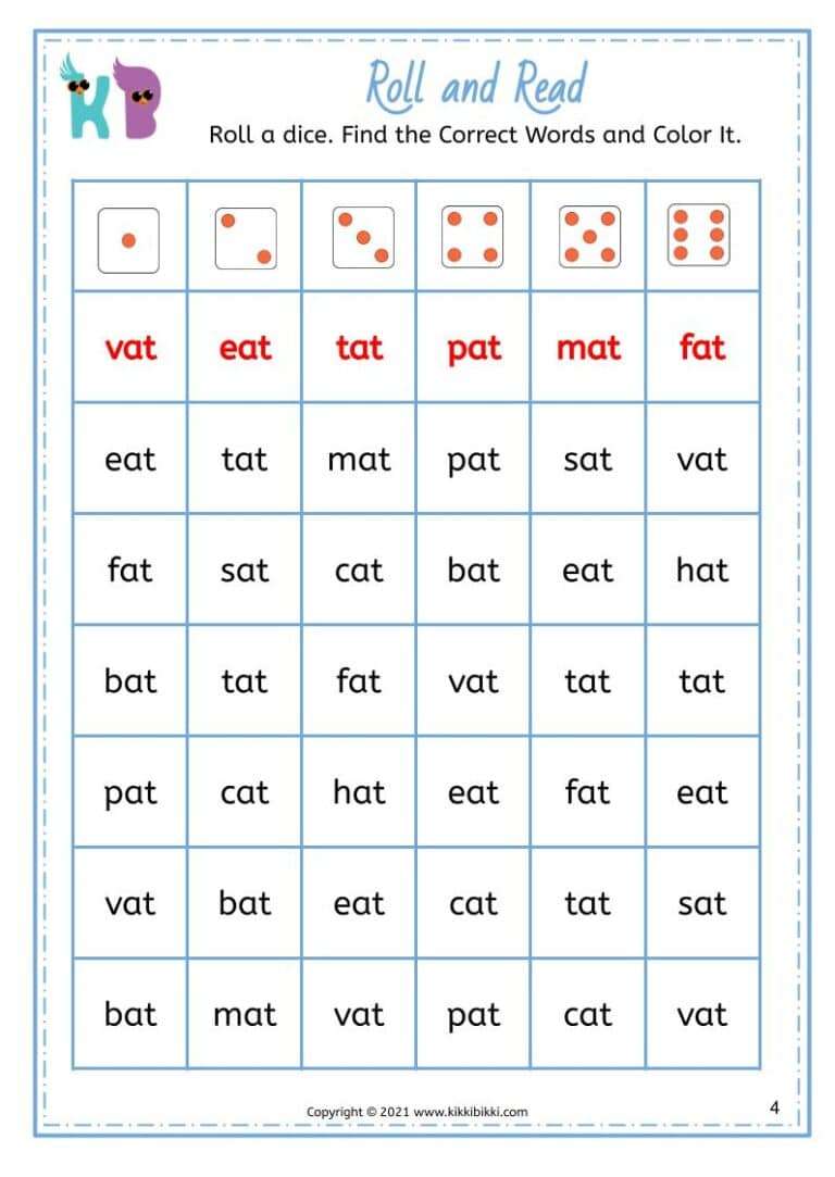 CVC AT Word Family - Roll and Read Worksheets for Kindergarten