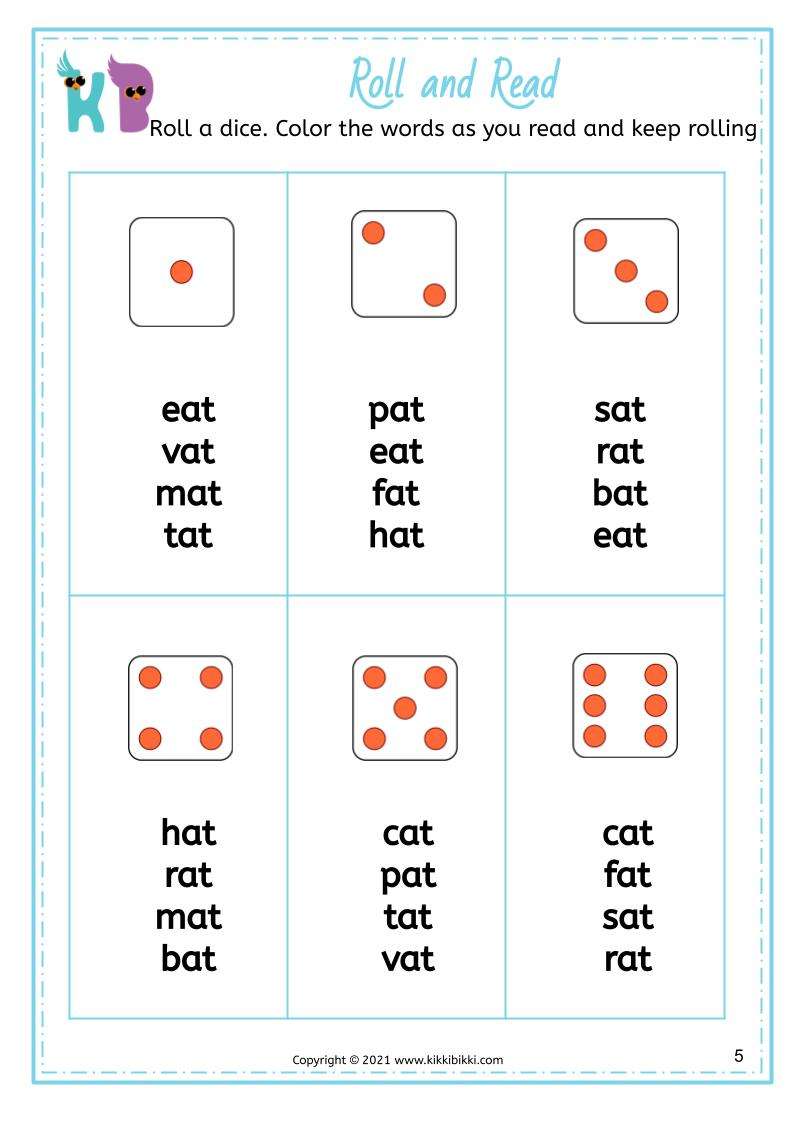 CVC AT Word Family - Roll and Read Worksheets for Kindergarten