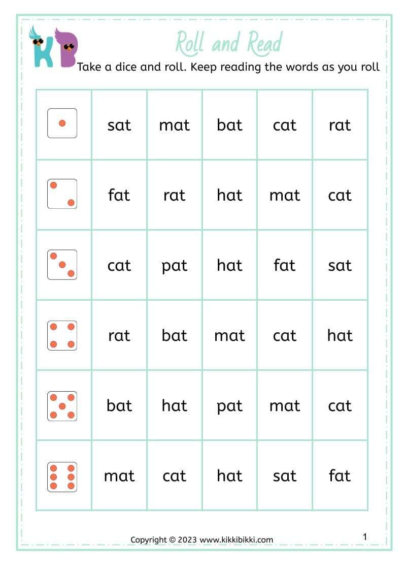 CVC AT Word Family - Roll and Read Worksheets for Kindergarten