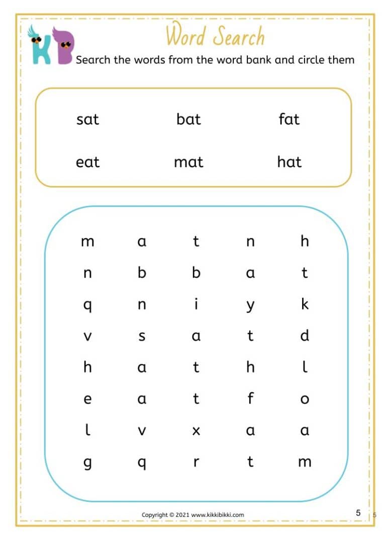 CVC AT Word Family - Word Search Worksheets for Kindergarten