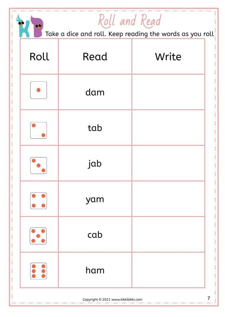 CVC AB-AM Word Family Roll and Read Worksheets for Kindergarten