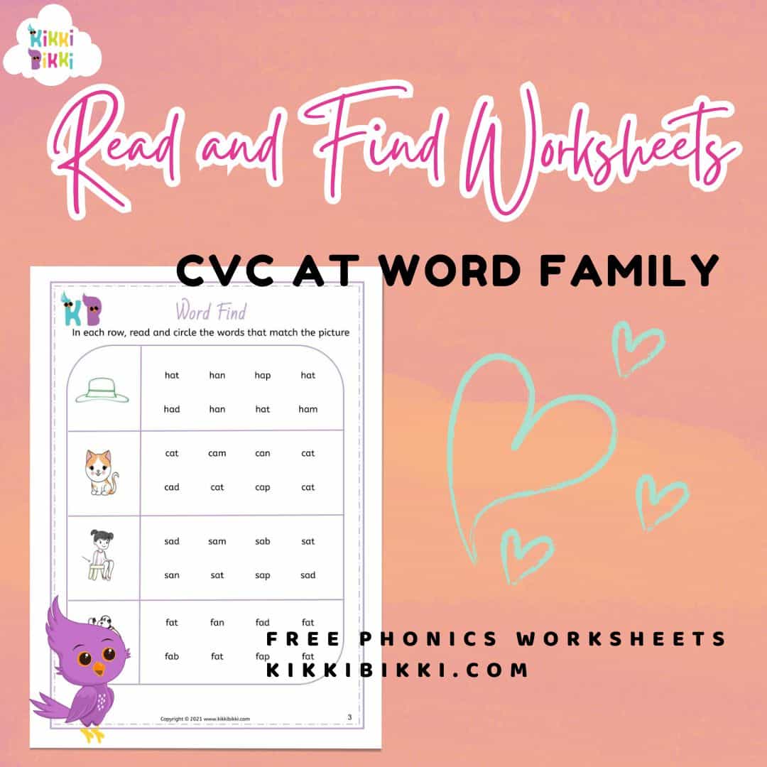 CVC AT Word Family - Read and Find Worksheets for Kindergarten