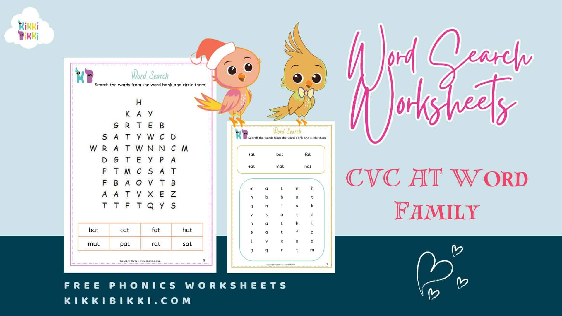 CVC AT Word Family - Word Search Worksheets for Kindergarten