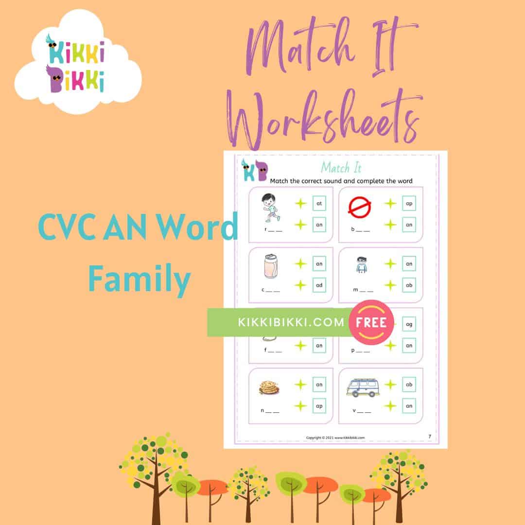 CVC AN Word Family: Match It Worksheets for Kindergarten