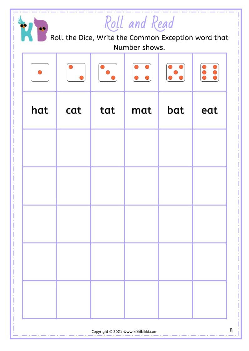 CVC AT Word Family - Roll and Read Worksheets for Kindergarten