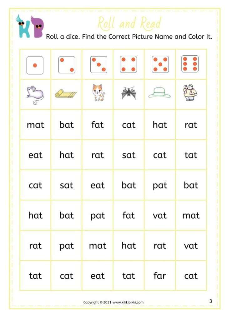 CVC AT Word Family - Roll and Read Worksheets for Kindergarten