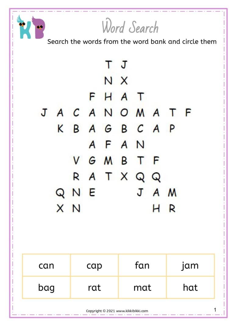 Consolidation of CVC A Sound Family - Word Search Worksheets