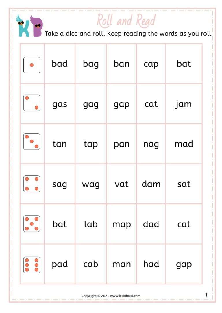 CVC A Sound Family: Roll and Read Worksheets for Kindergarten