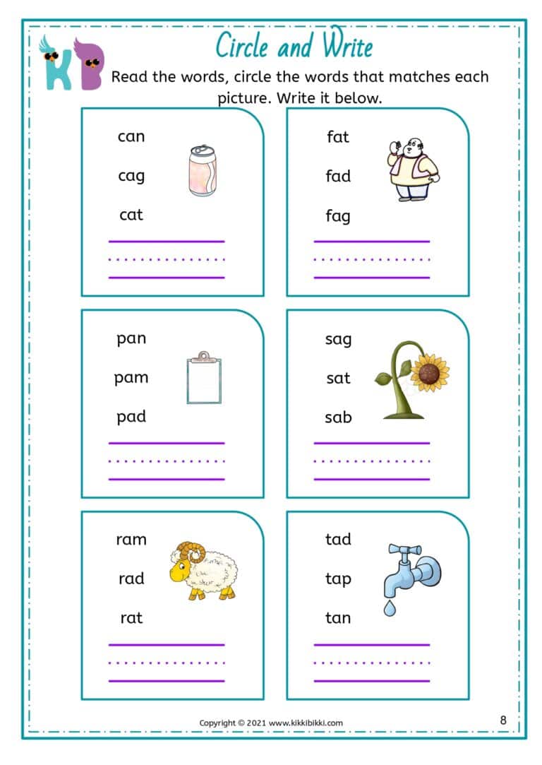 CVC A Sound Family: Read and Find Worksheets for Kindergarten